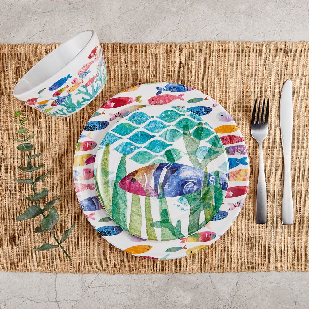One Fish Two Fish Outdoor Melamine 12 Piece Dinnerware Set, Service fo