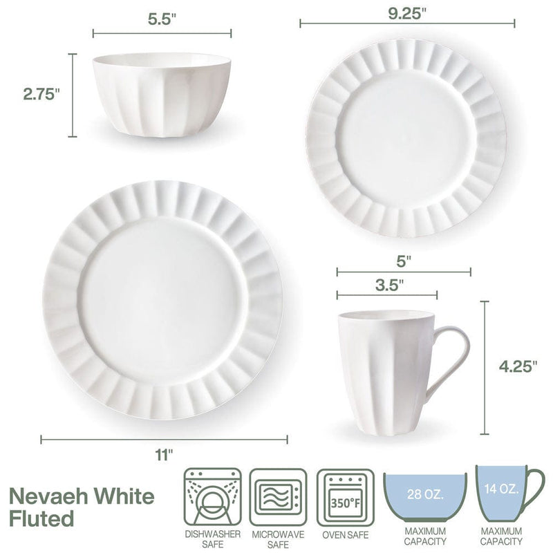 Nevaeh White Fluted 16 Piece Dinnerware Set, Service for 4
